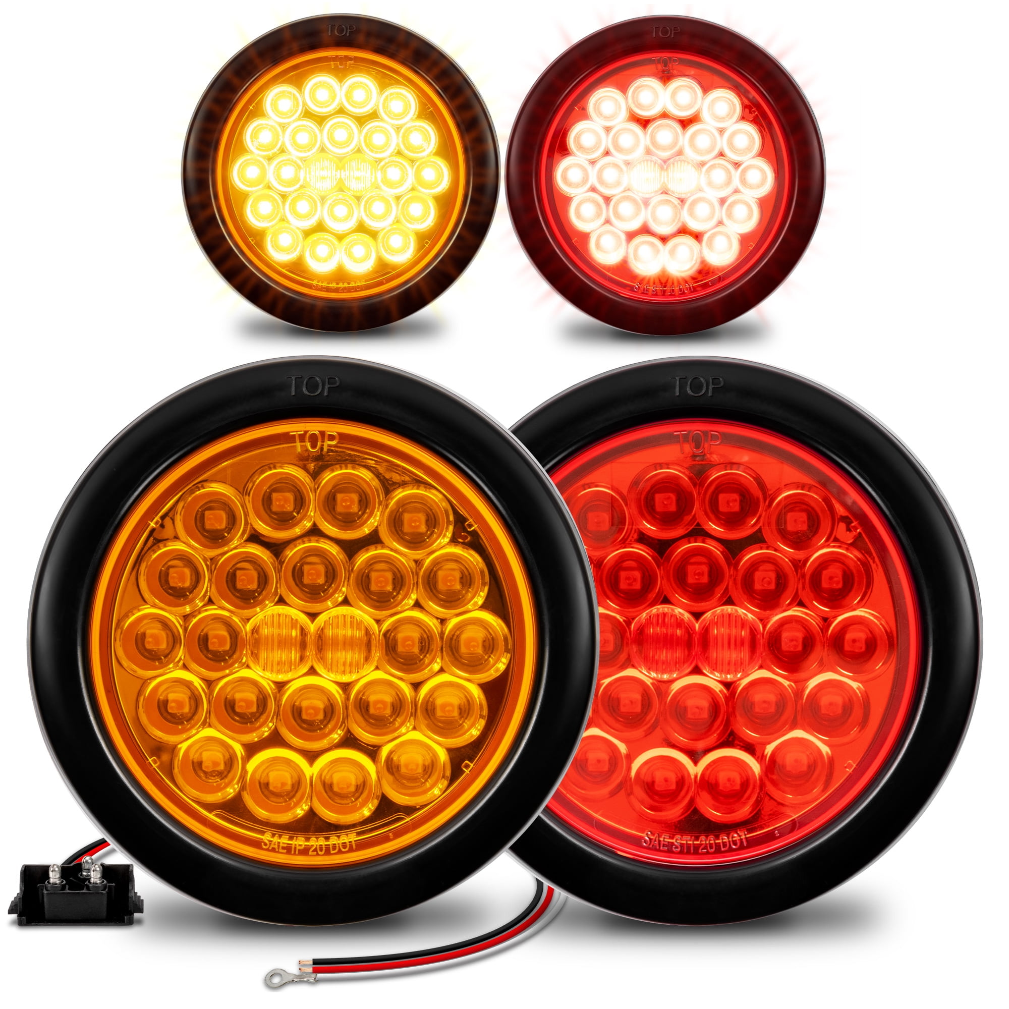 2 Red + 2 Amber 4" Round 24 LED Trailer Tail Light Kit [DOT Certified ...