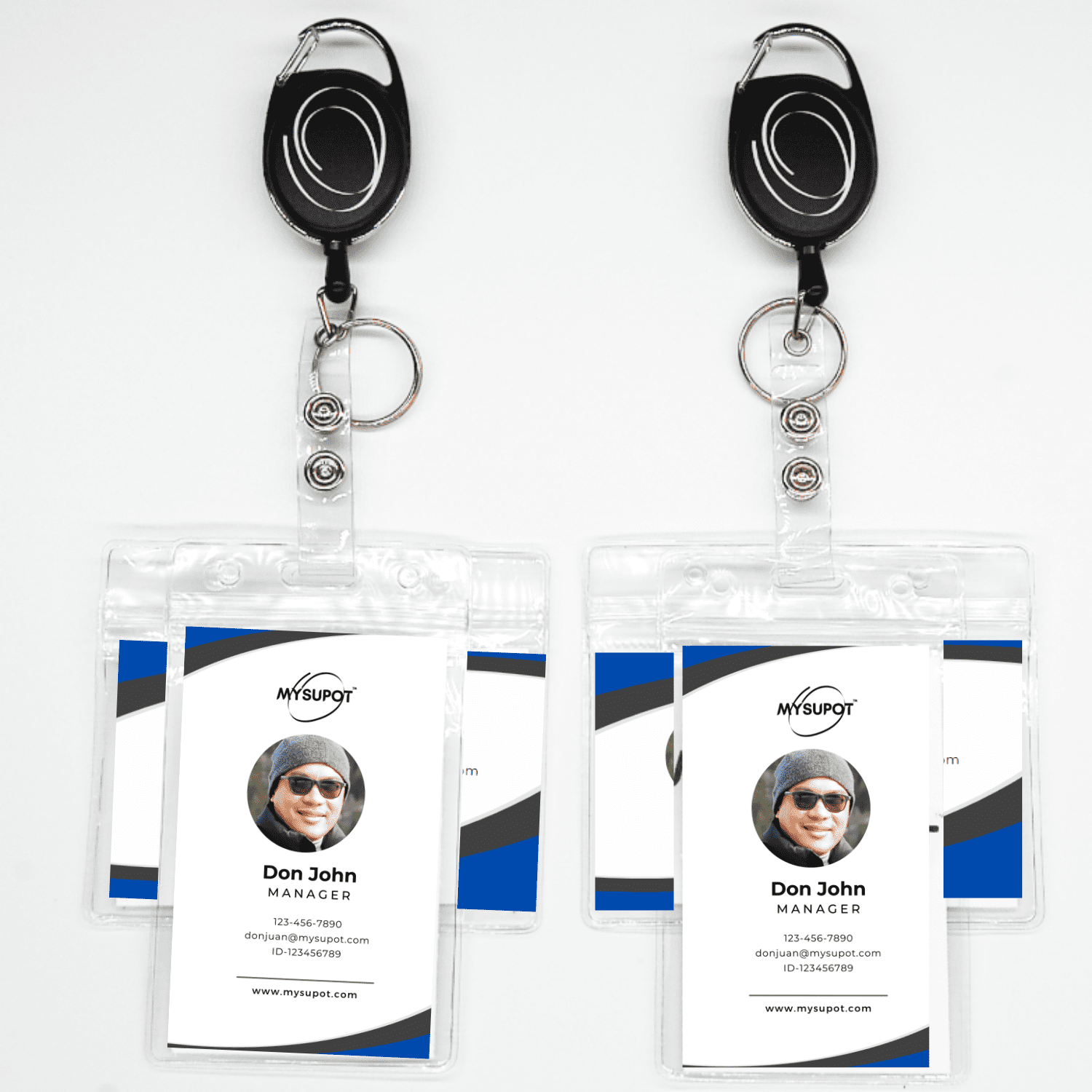 2 Retractable ID Badge holders w/ Carabiner Clips & Metal Lanyards ...