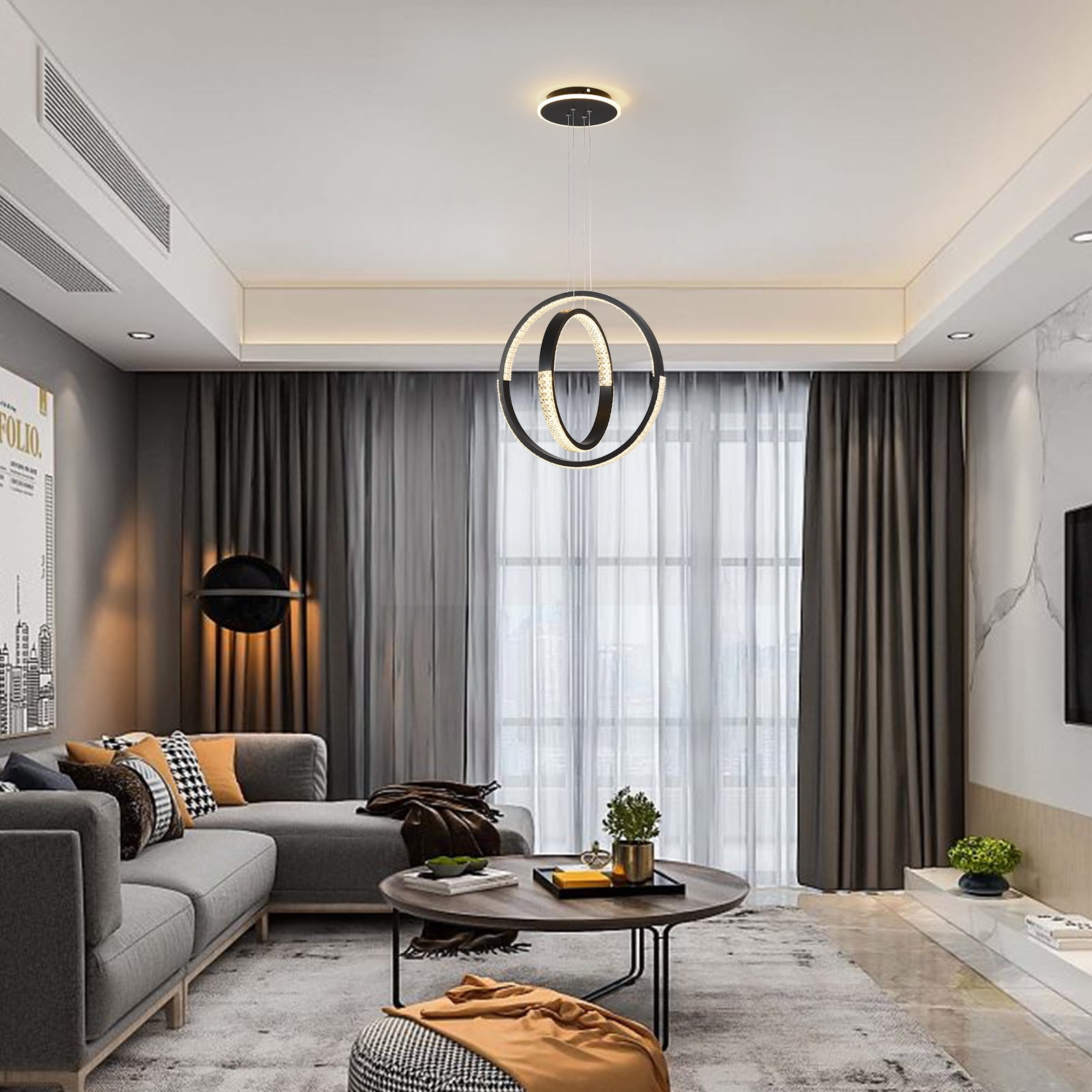 2-Ring LED Chandelier Ceiling Light Fixture with Remote Control, Modern ...