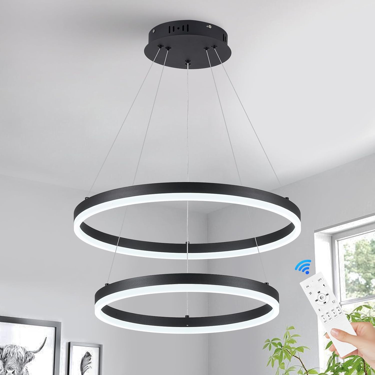 2-Rings Modern LED Chandelier Black for Dining Room, Circular Flush ...
