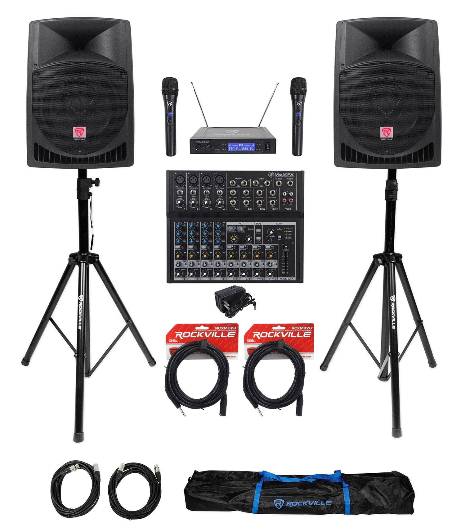 (2) Rockville 12" 1600w Active PA/DJ Speakers+Mackie Mixer+Mic+Stands ...