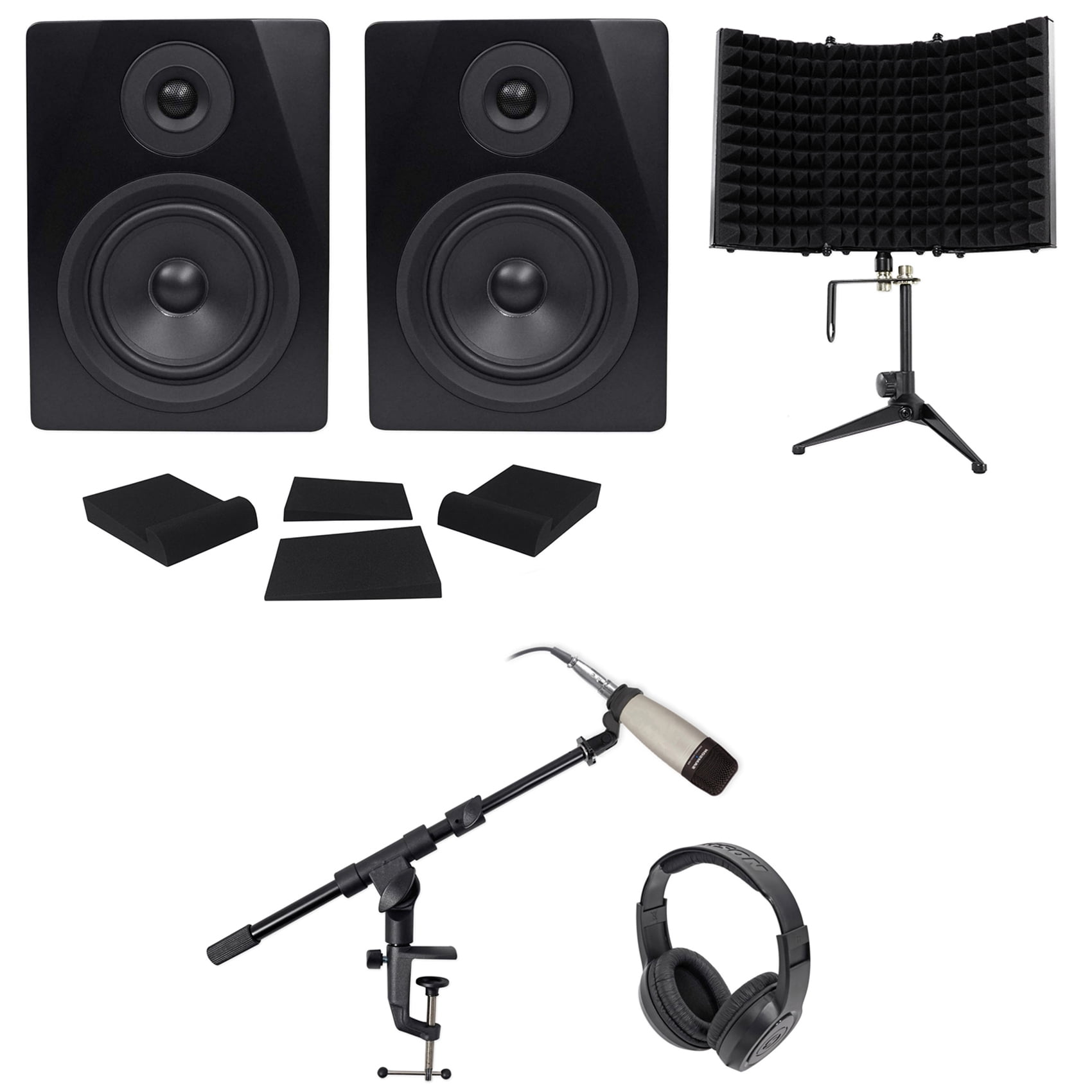 2) Rockville 5.25" 250w Active Studio Monitors+Mic+Headphones+Stand ...