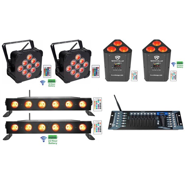 2 Rockville BEST PAR+BEST STRIP+ROCKWEDGE Wireless DMX Battery Lights ...