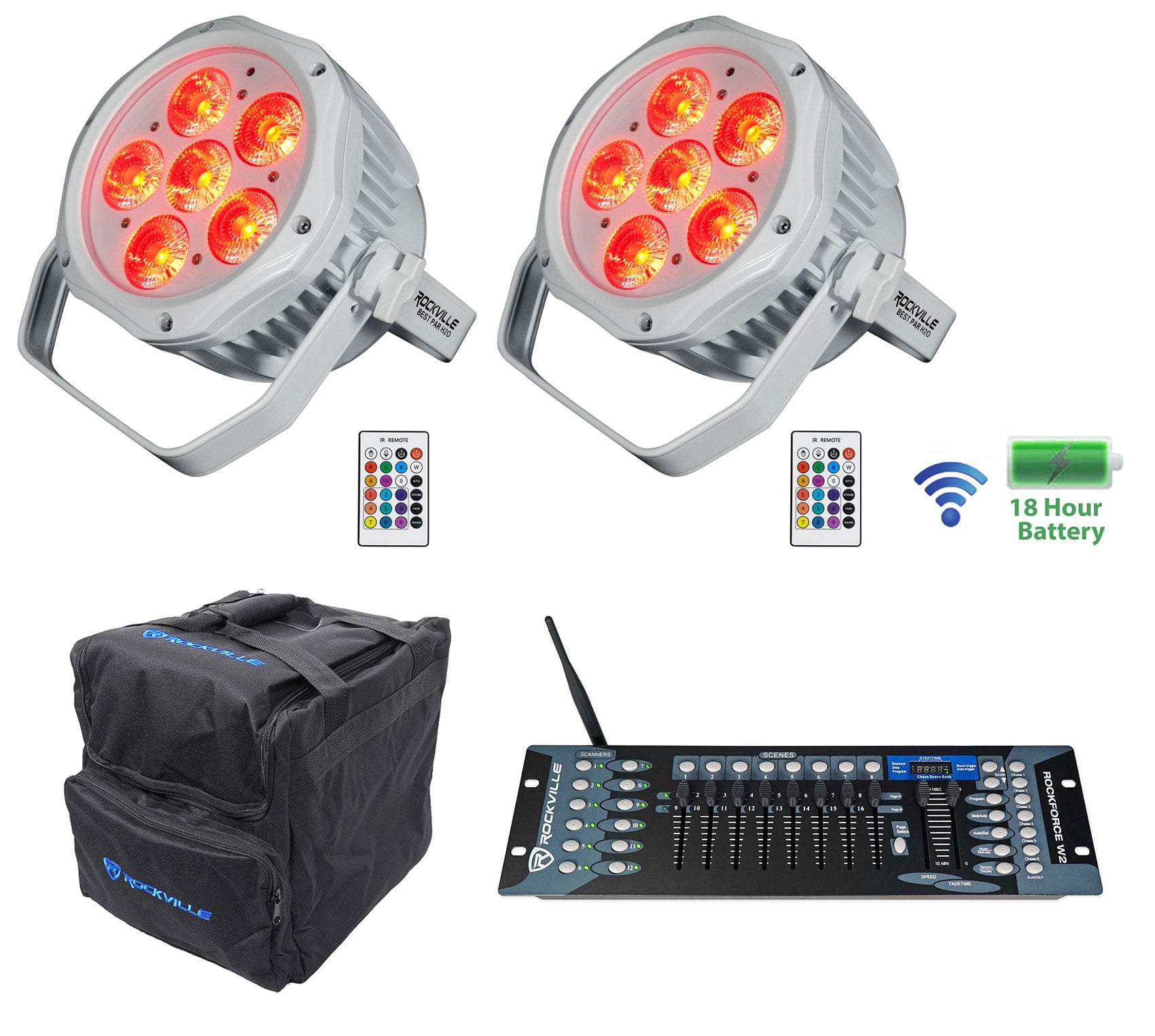 (2) Rockville BEST PAR H2O White Water Resistant Lights+Bag+Wireless ...