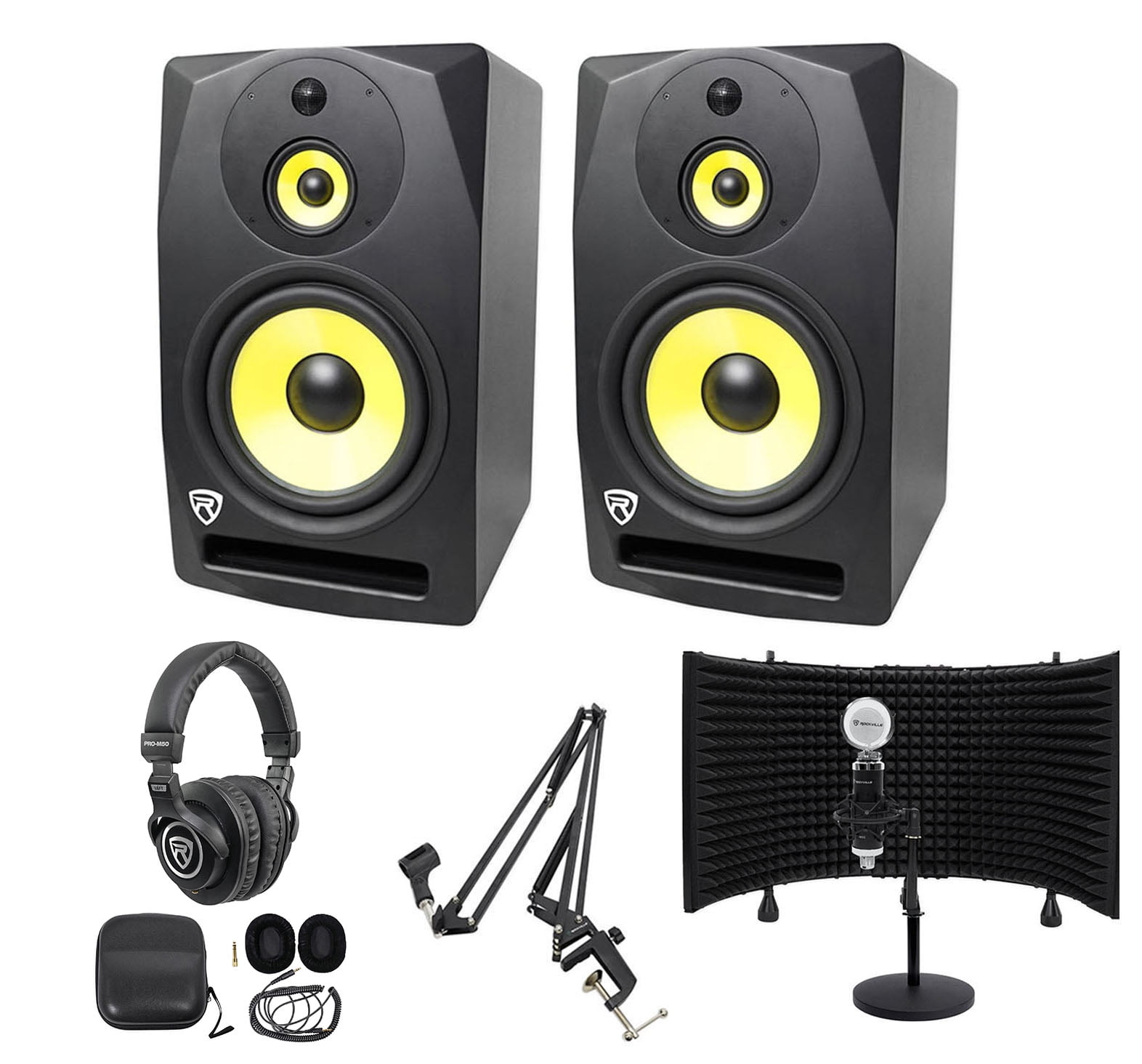 (2) Rockville DPM10B 10" 800w Active Studio Monitors+Headphones+Mic ...
