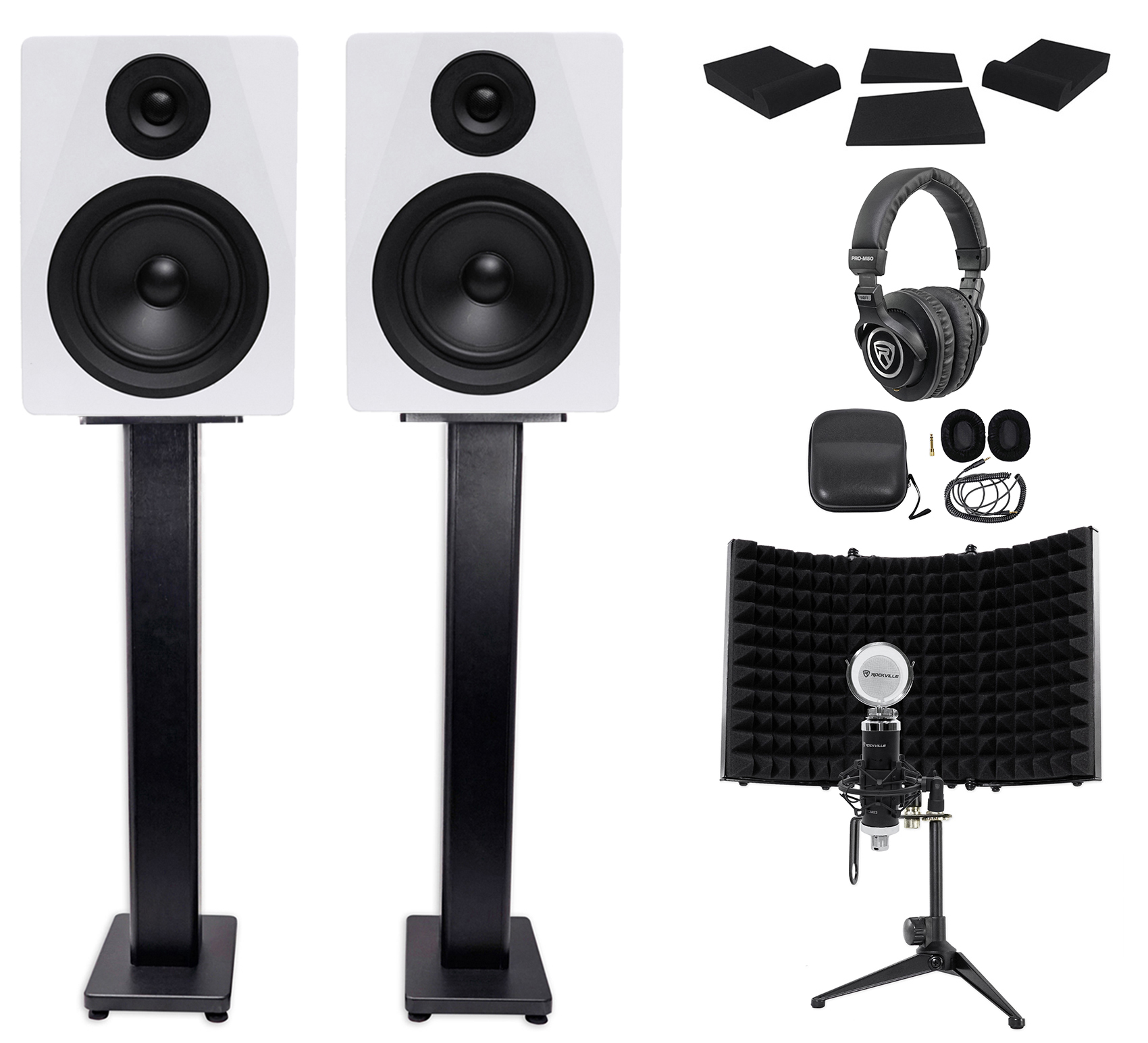 2 Rockville DPM5W 5.25" 300w Studio Monitors+36" Stands+Headphones+Mic ...