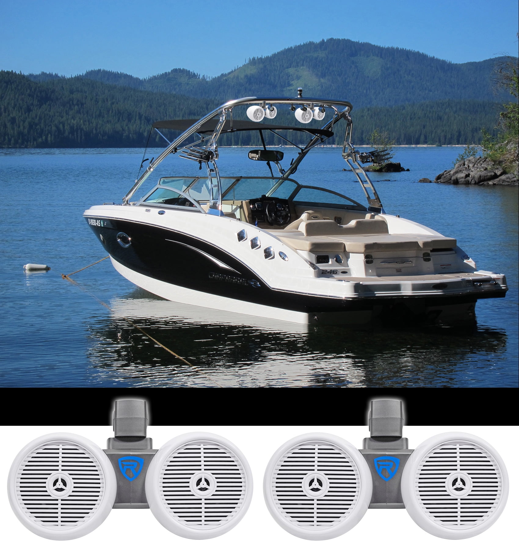2) Rockville DWB65W Dual 6.5" White 1200w Marine Wakeboard Tower ...