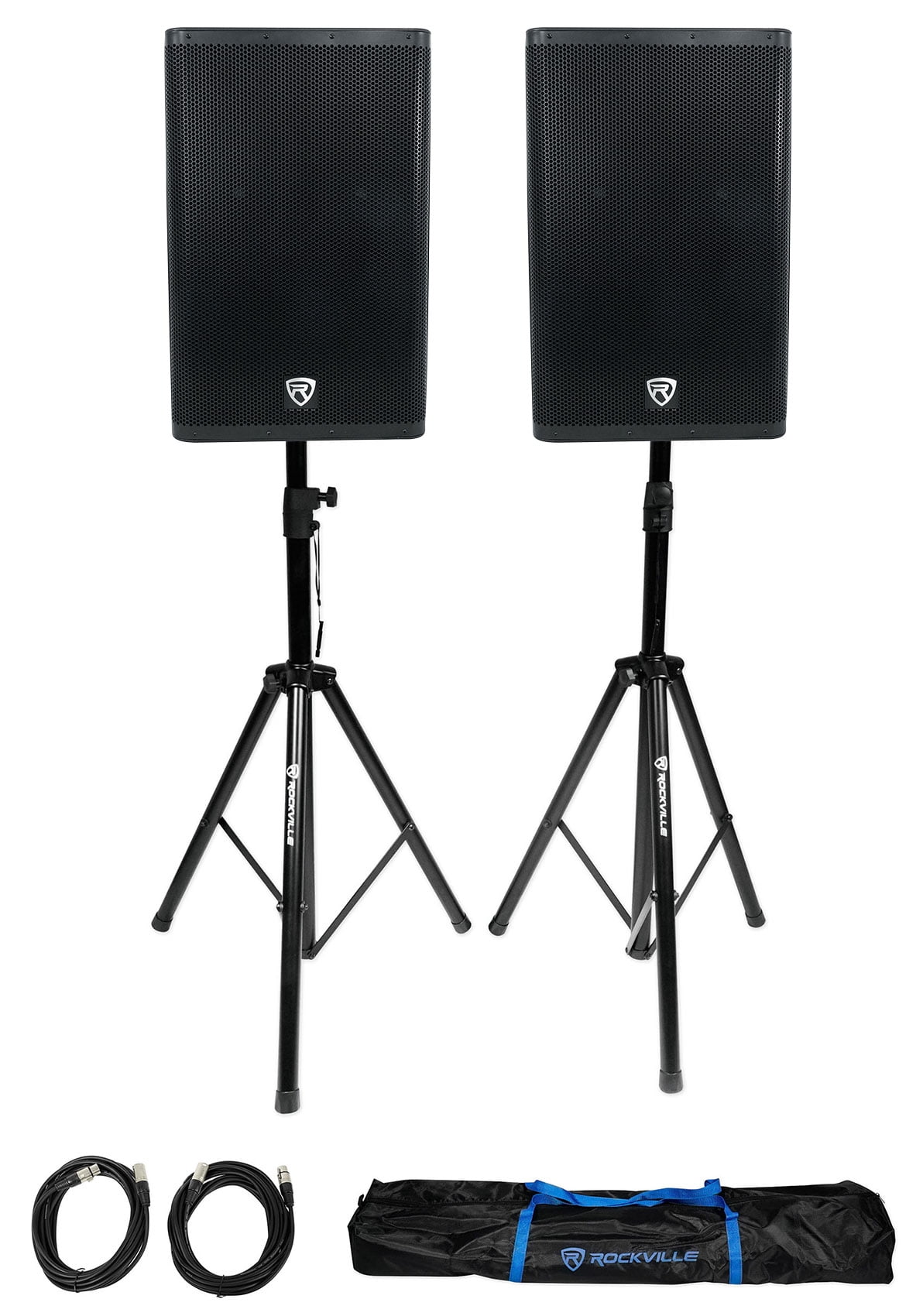 (2) Rockville DX15 15" 2000 Watt Powered Active DJ PA Speakers+Stands ...