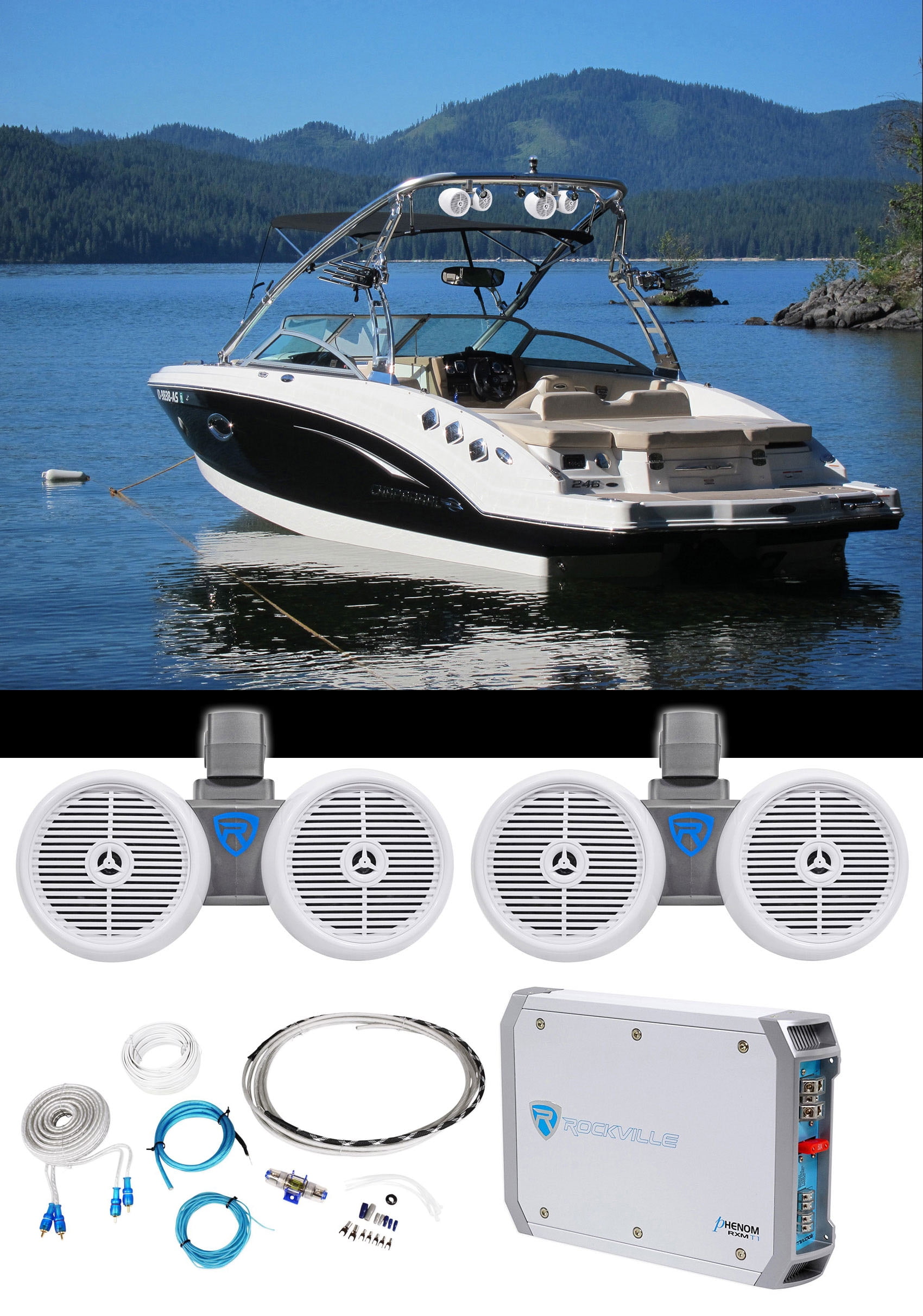 2) Rockville Dual 6.5" 600w Wakeboard Tower Speakers+2-Channel ...