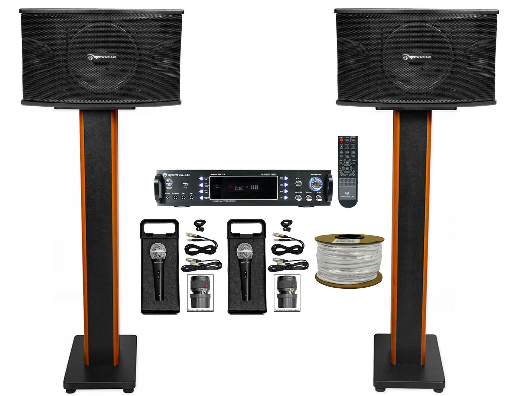 (2) Rockville KPS10 1200w Karaoke/Pro Speakers+Bluetooth Amp+36" Stands+(2) Mics + Rockville ...