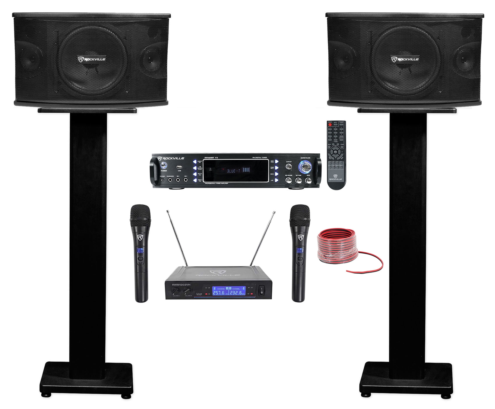 (2) Rockville KPS10 Karaoke/Pro Speakers+Bluetooth Amp+36" Stands+Wireless Mics + Rockville ...