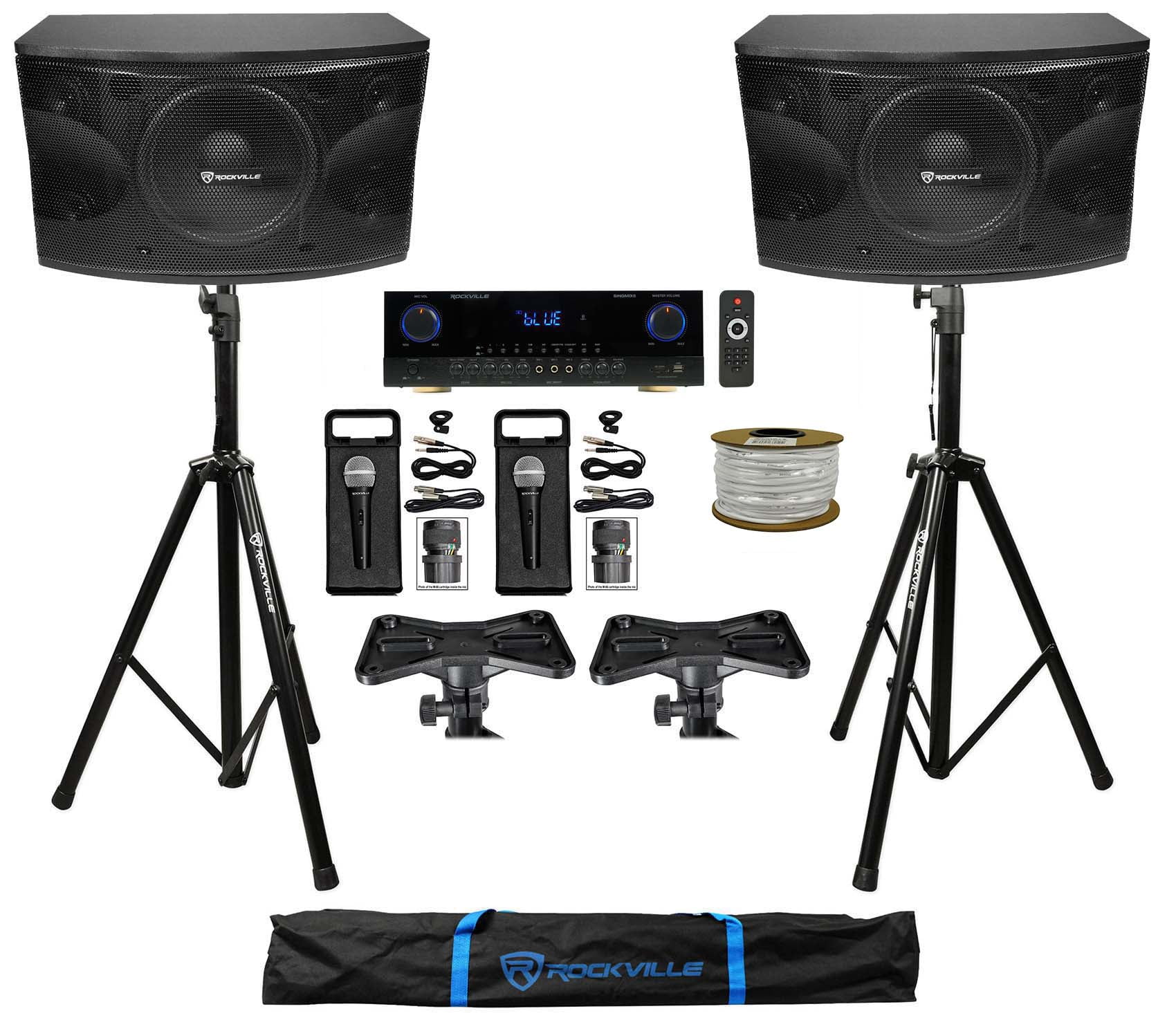 2) Rockville KPS12 12" Karaoke Vocal Speakers+Bluetooth Amplifier Mixer+2) Mics + Rockville ...