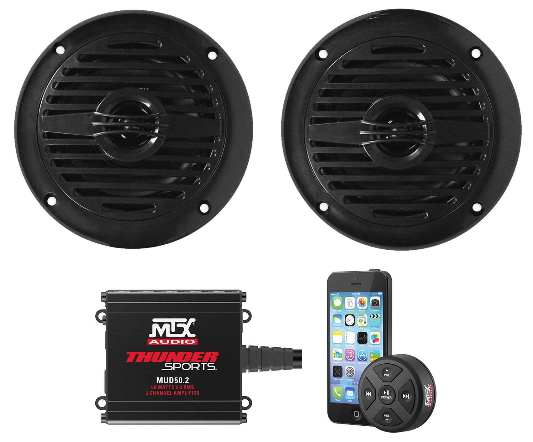 2) Rockville MS40B Black 4" 200 Watt Speakers+MTX Amp+Bluetooth For ATV ...