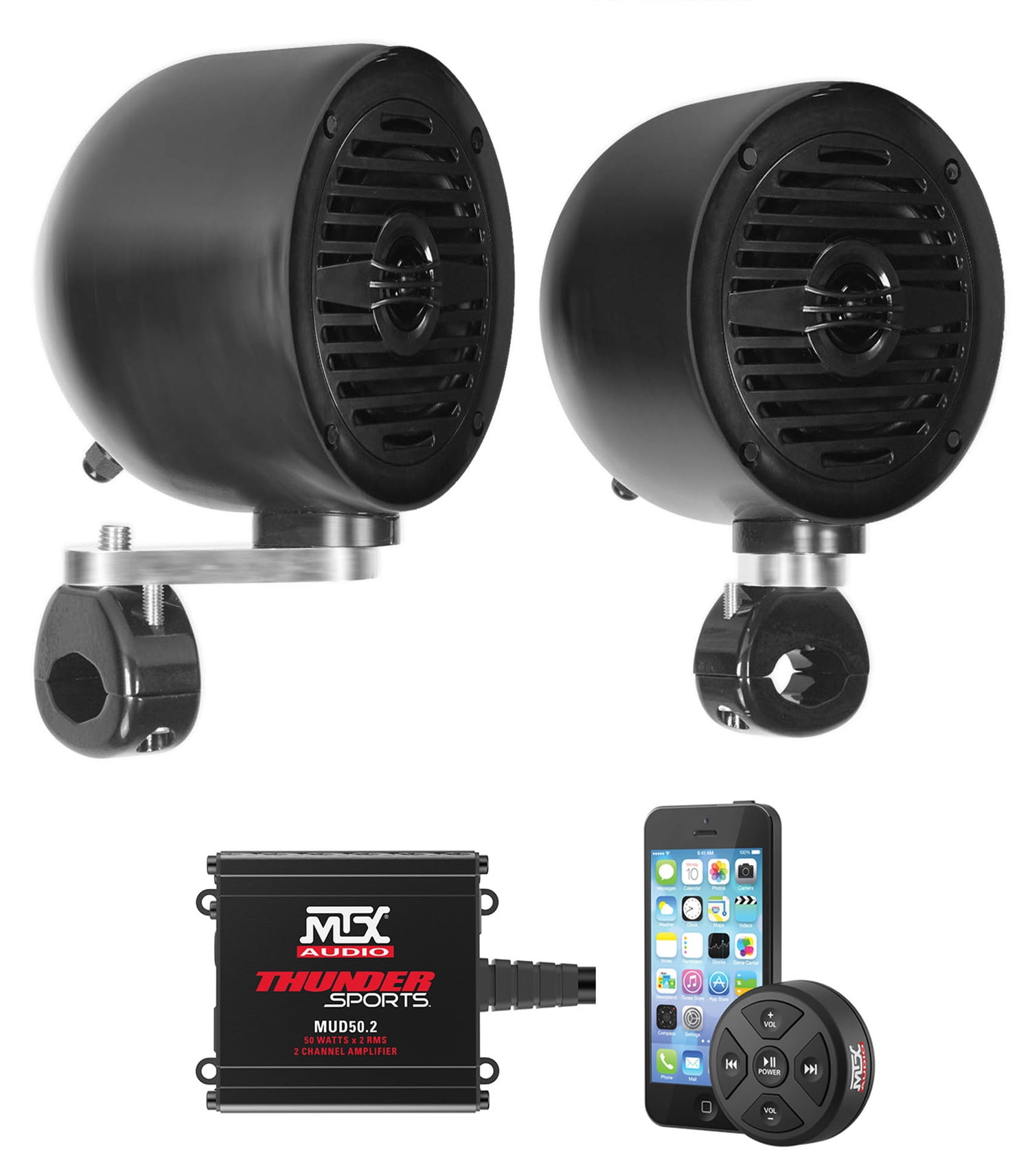 2 Rockville MS40B Black 4" Tower Speakers+MTX Amp+Bluetooth For ATV/UTV ...