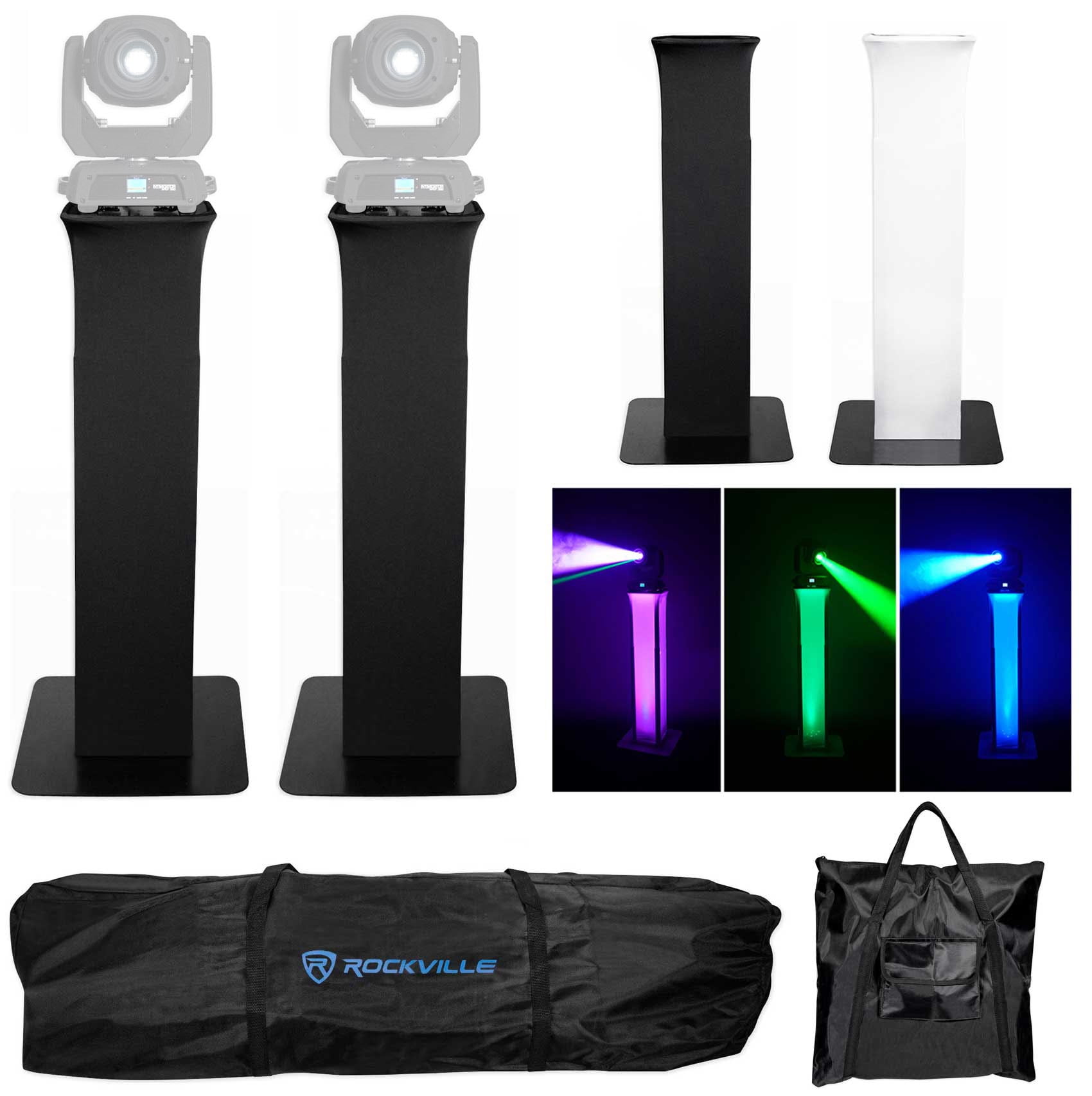 2) Rockville RTP32B Totem Moving Head Light Stands+Black+White Scrims ...