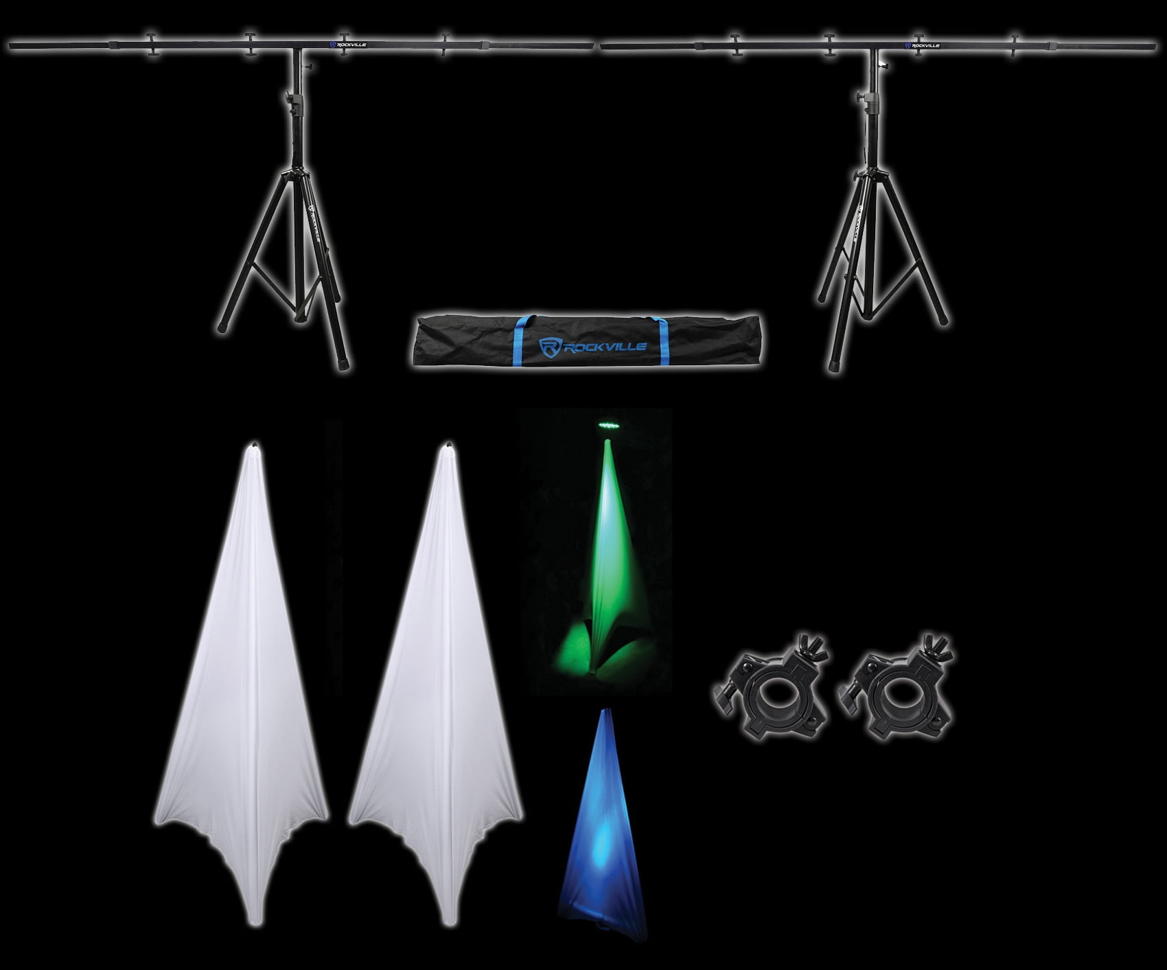 2) Rockville Tripod Pole-Mount Stands+Lighting Cross Bar+White Scrim ...