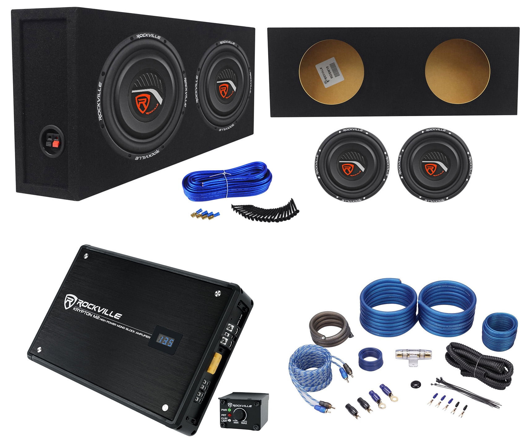 (2) Rockville W10T4-S2 10" Shallow Subwoofers+Sealed Box+Mono Amplifier ...