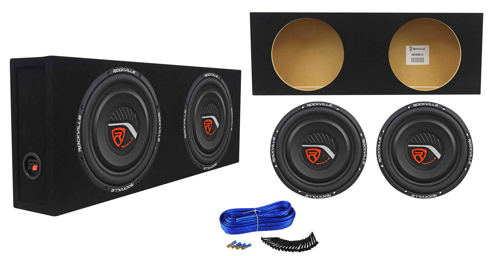 2) Rockville W12T4S2 12" Shallow Mount 1400w Subwoofers+Sealed Sub Box ...