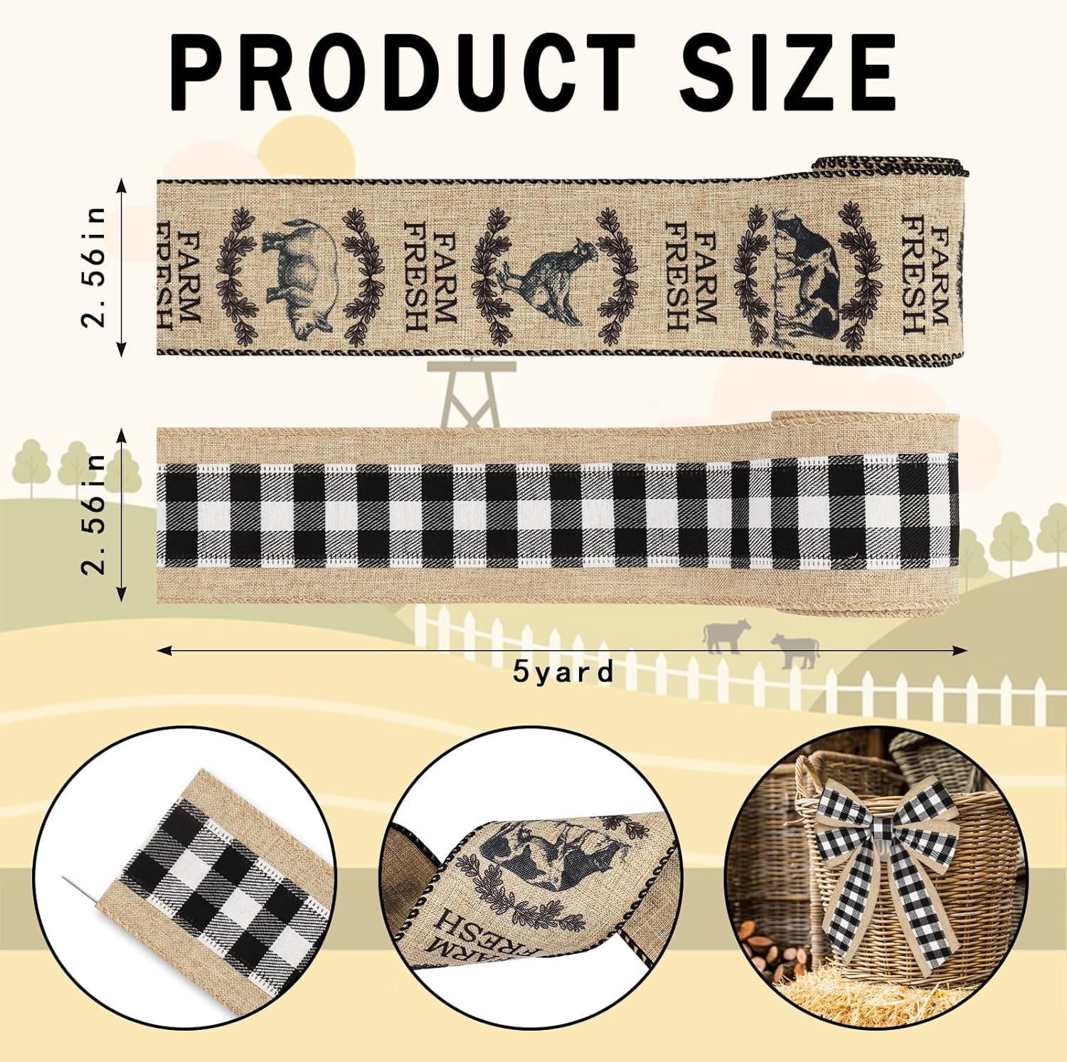 2 Roll 10 Yards Farm Ribbons, 2.5" Rooster Wired Edge Burlap Ribbon ...