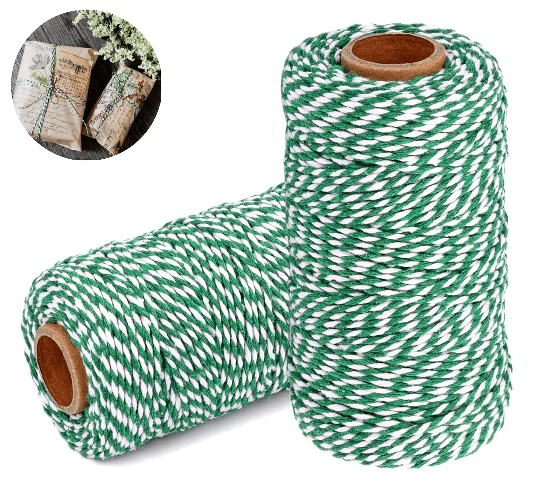 2 Roll Green and White Cotton Twine, 2mm Thick Baker String, 328 Feet ...