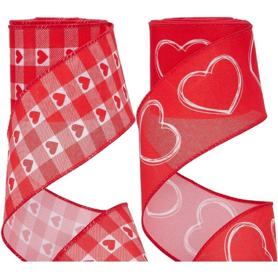 2 Rolls 10 Yard 2 Style Red Valentine's Day Ribbon Hearts Wired Edge ...