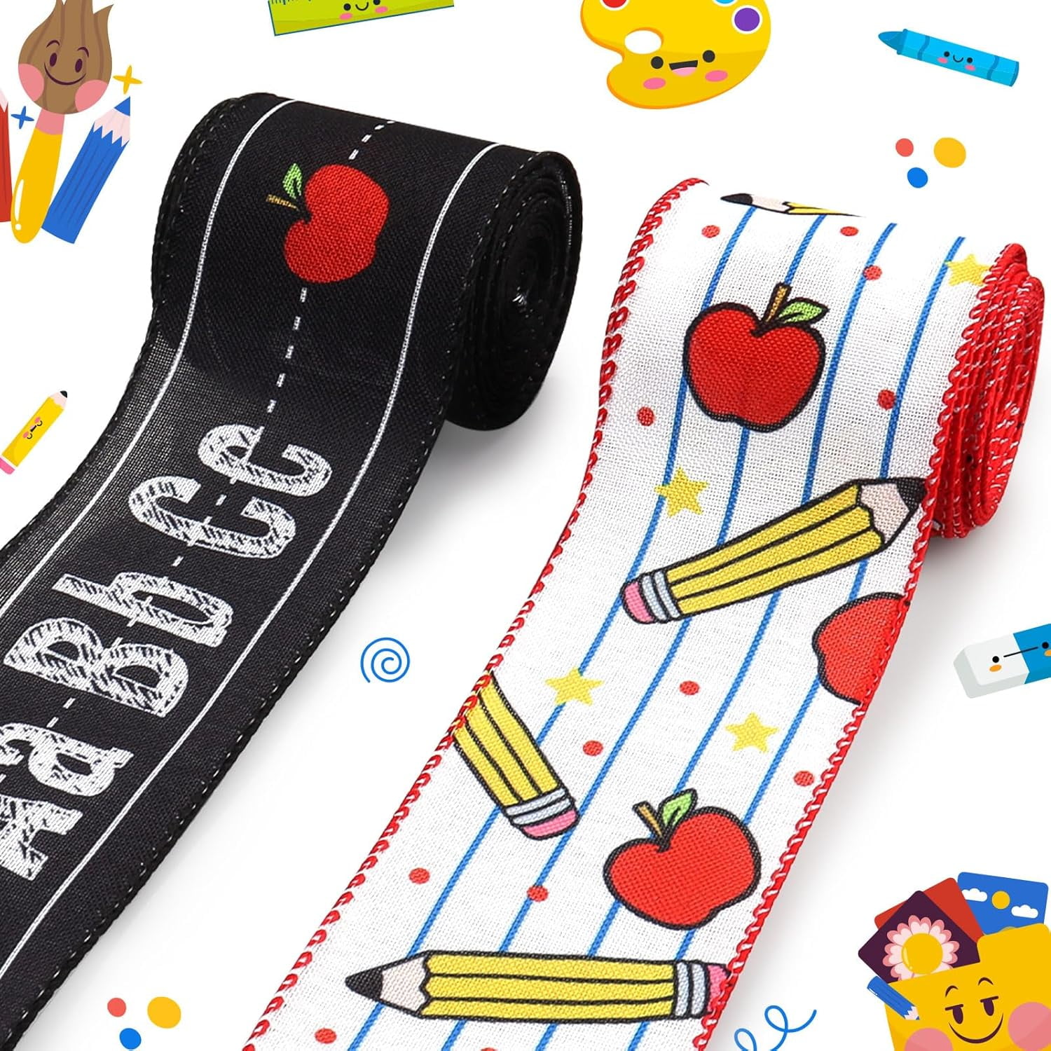 2 Rolls 10 Yards Back to School Wired Edge Ribbon, 2.5inch Black ABC ...