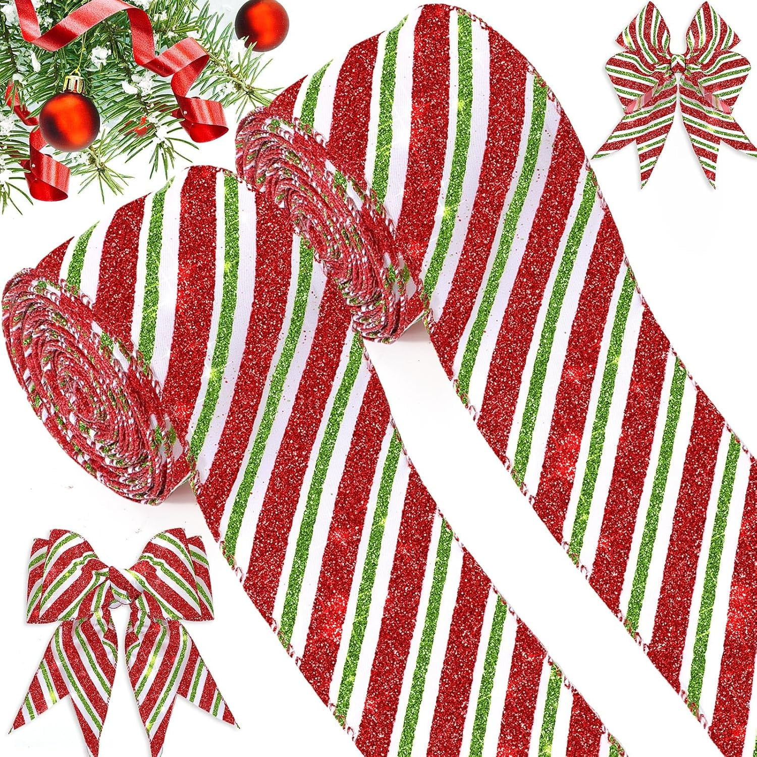 2 Rolls 10 Yards Christmas Wired Edge Ribbons 2.5 Inch Ribbon Glitter ...