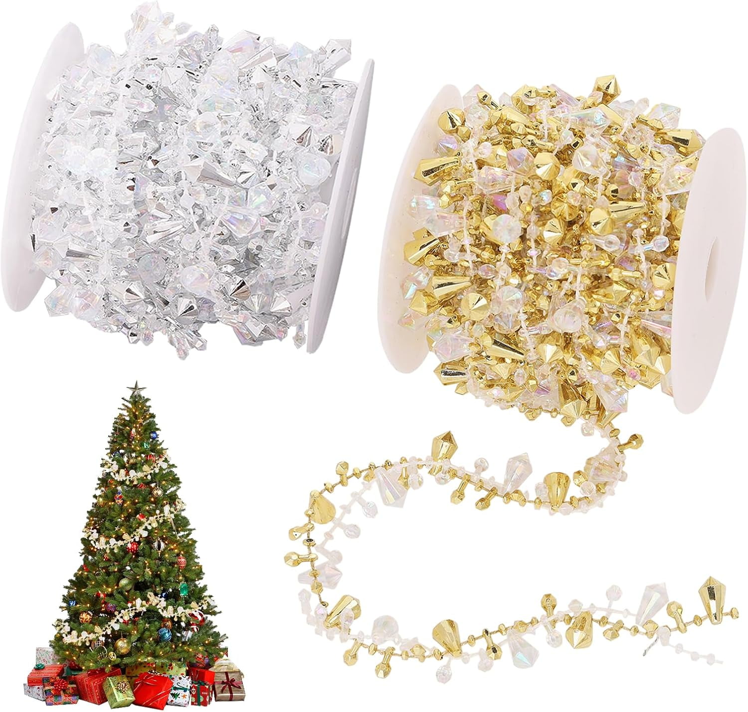 2 Rolls 16.4ft Christmas Tree Bead Decoration Plastic Diamond Beaded ...