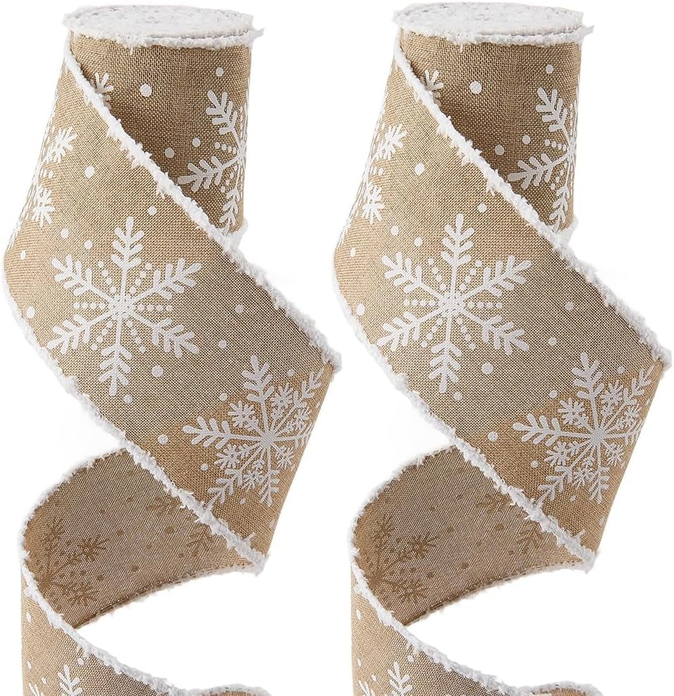 2 Rolls 2.64 Inch Christmas Snowflake Wired Edge Ribbon 5 Yards Winter ...