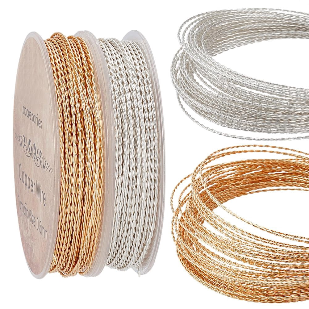 2 Rolls 2 Colors 2-Ply Copper Wire Twisted Flat Round Golden & Silver ...