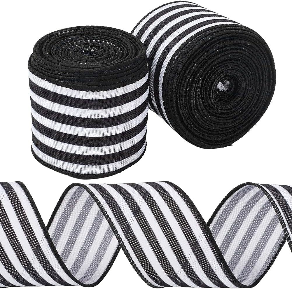 2 Rolls 2 Inch Wide Black White Striped Ribbon Single Faced Polyester ...