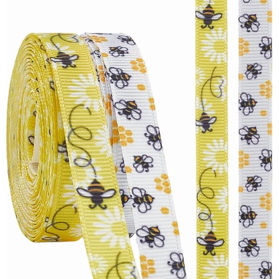 2 Rolls 2 Styles Polyester Bees Printed Grosgrain Ribbons Gift Wrapping ...
