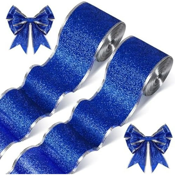 2 Rolls 20 Yards Christmas Wired Blue Glitter Ribbon Metallic Wired ...