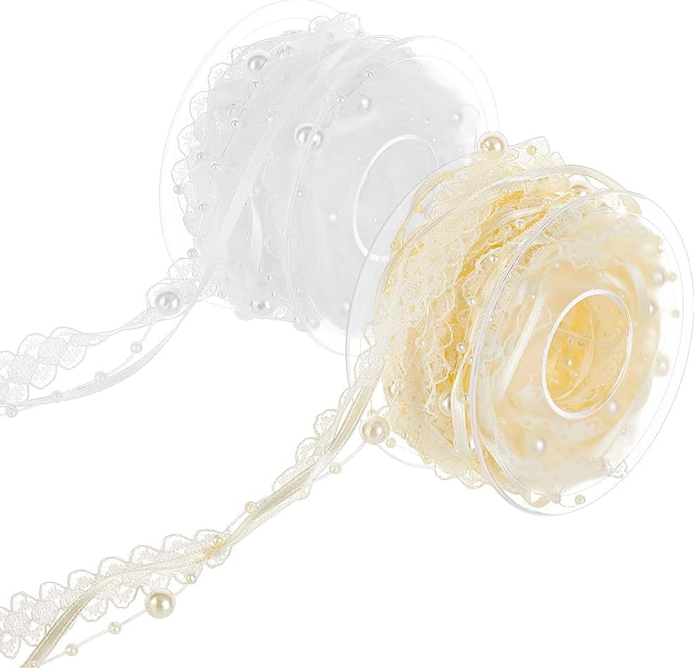 2 Rolls 3 Strings Artificial Bead Pearl Ribbon 11 Yards Lemon White ...