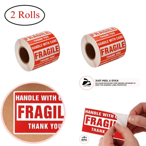 2 Rolls 500/Roll 2X3 Fragile Stickers Adhesive Handle With Care ...
