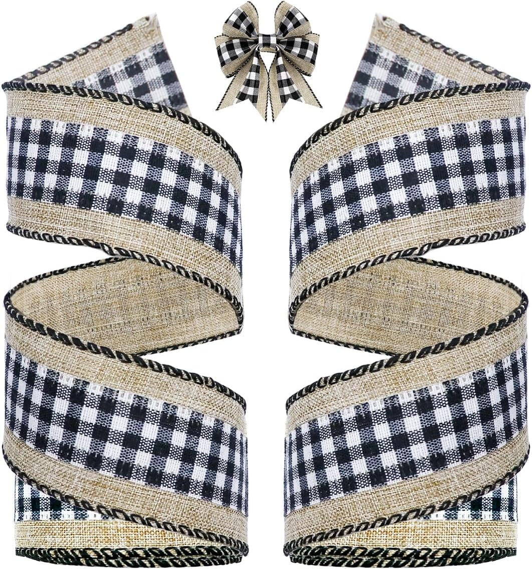 2 Rolls 8 Yards Buffalo Plaid Ribbons Burlap Wired Edge Plaid Ribbons 2 ...