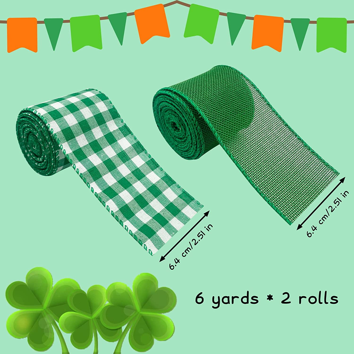 2 Rolls Buffalo Plaid Wired Edge Ribbons 2.5 Inch Wide St Patrick's Day ...