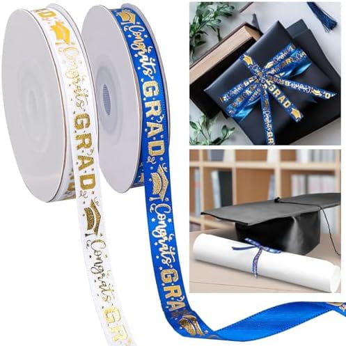 2 Rolls Graduation Ribbon Congrats Grad Gold Satin Ribbon Blue White ...
