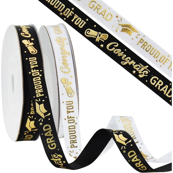 2 Rolls Graduation Ribbons 3/8 Inch 10 Yards/roll White&Black Congrats ...