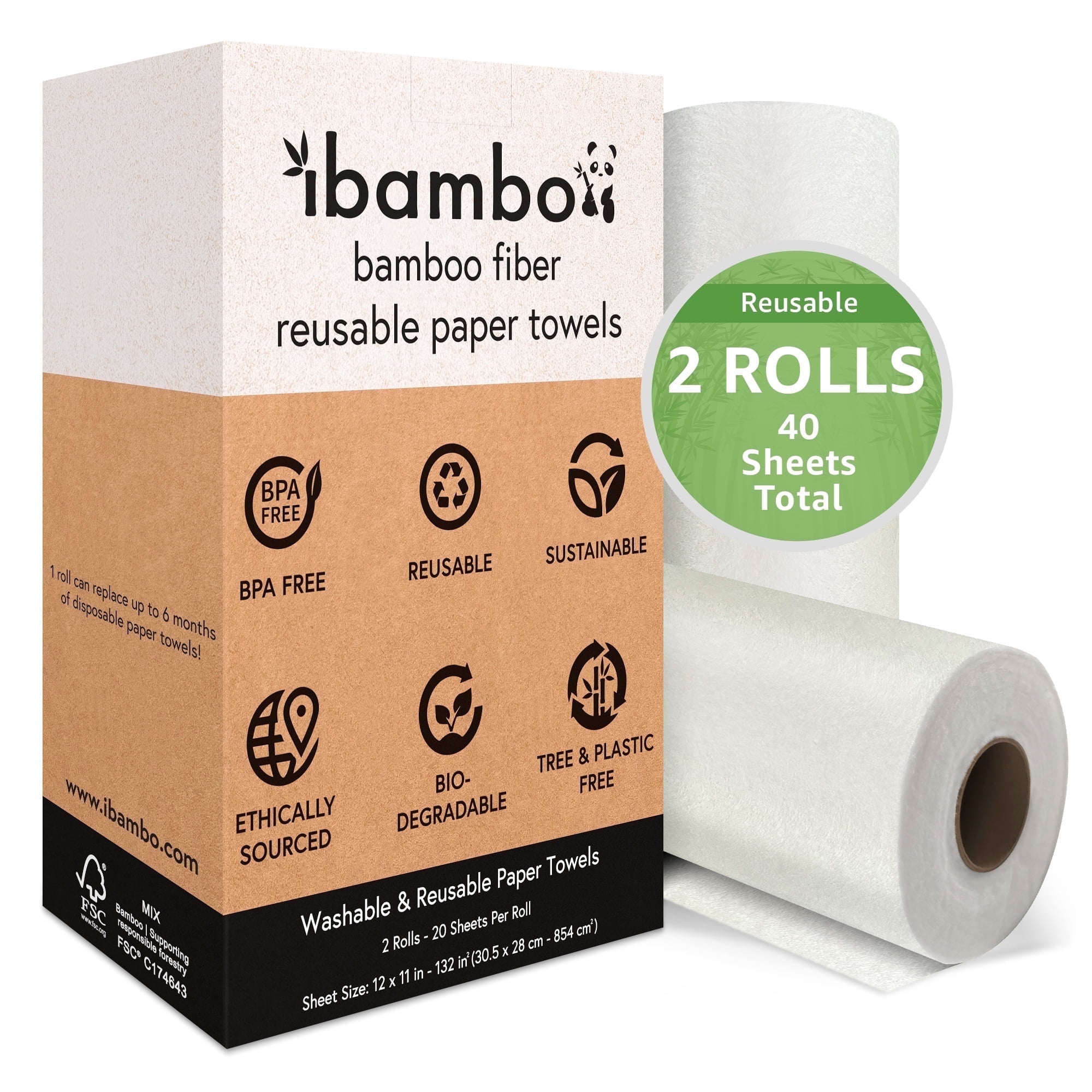 Ibambo Reusable Bamboo Paper Towels Roll, 12" x 11" Sheets, 20 Sheets ...