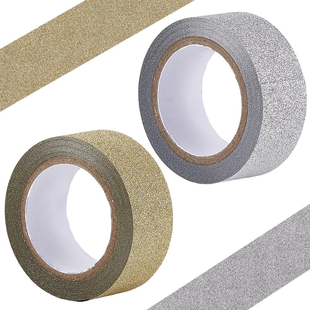 2 Rolls Silver Gold Glitter Tape 5m Foil Glitter Masking Tape Crafting ...