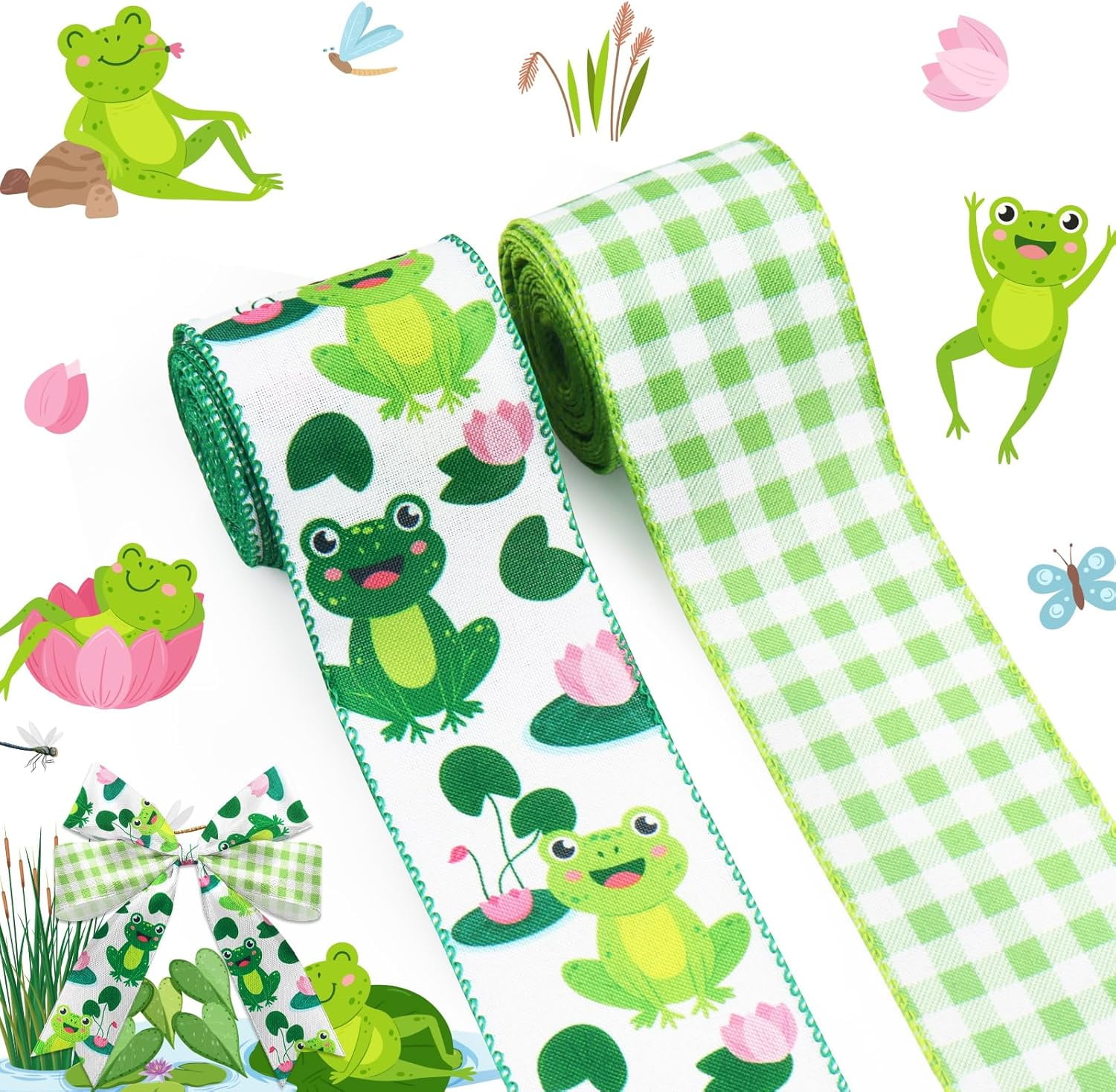 2 Rolls Summer Frog Ribbons Linen Green Plaid Frogs Summer Decor ...