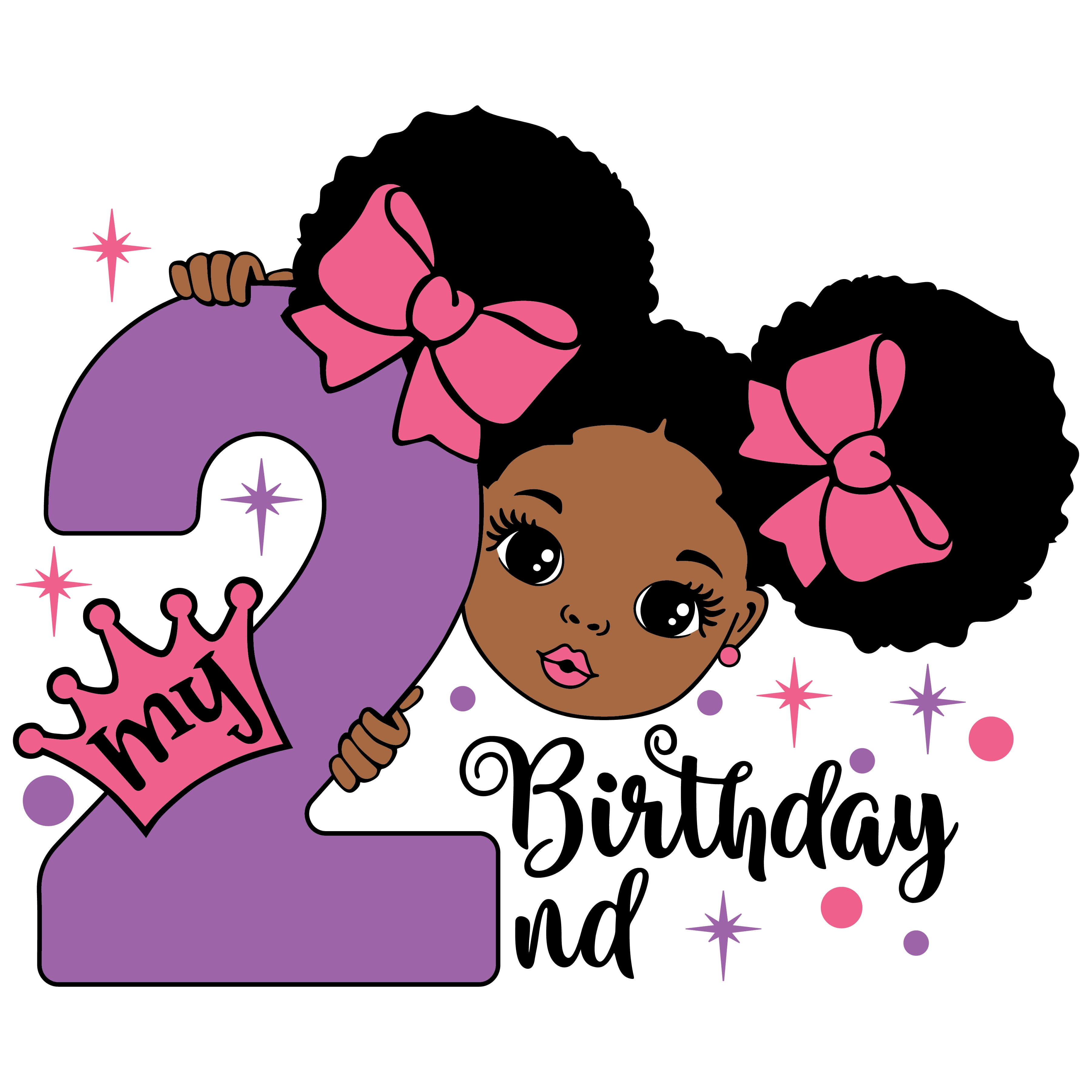 2" Round Pre-Cut My 2nd Birthday African American Cartoon Girl Peeking Around Purple #2 With ...