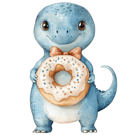 2" Round Pre-Cut Watercolor Baby Blue Dinosaur With Donut Birthday ...
