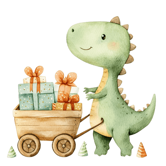 2" Round Pre-Cut Watercolor Baby Green Dinosaur With Wagon Full Of ...