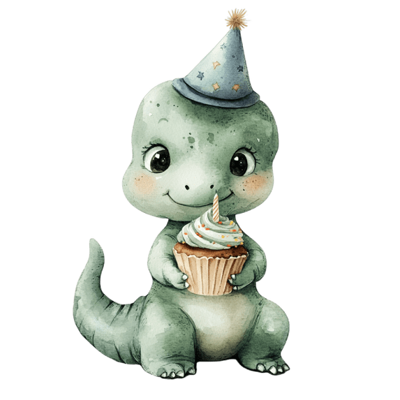 2" Round Pre-Cut Watercolor Baby Green Dinosaur With Cupcake, Baby ...