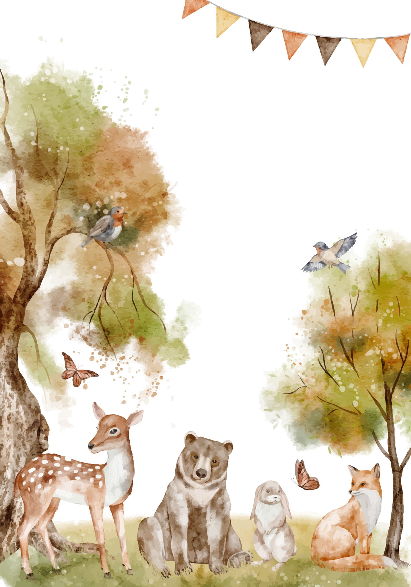 2" Round Pre-Cut Watercolor Forest Animals, Bear, Deer, Hare & Fox ...