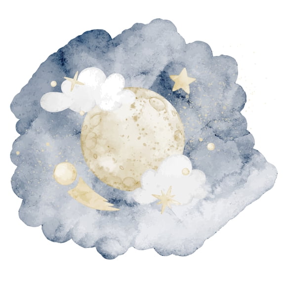 2" Round Pre-Cut Watercolor Full Moon, Clouds & Stars Boho, Woodland ...