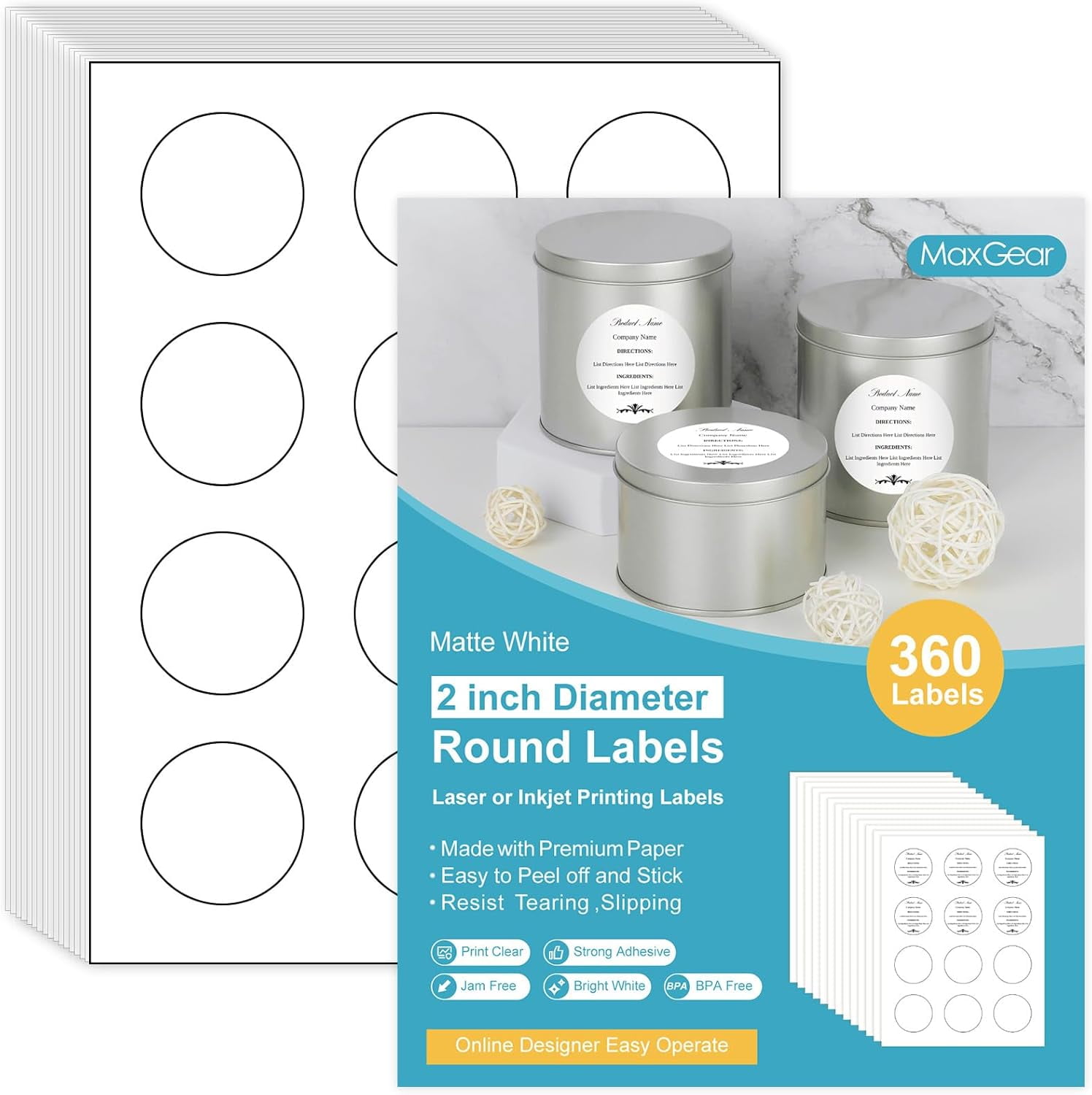 2" Round Sticker Labels, for Inkjet or Laser Printer, Matte White ...