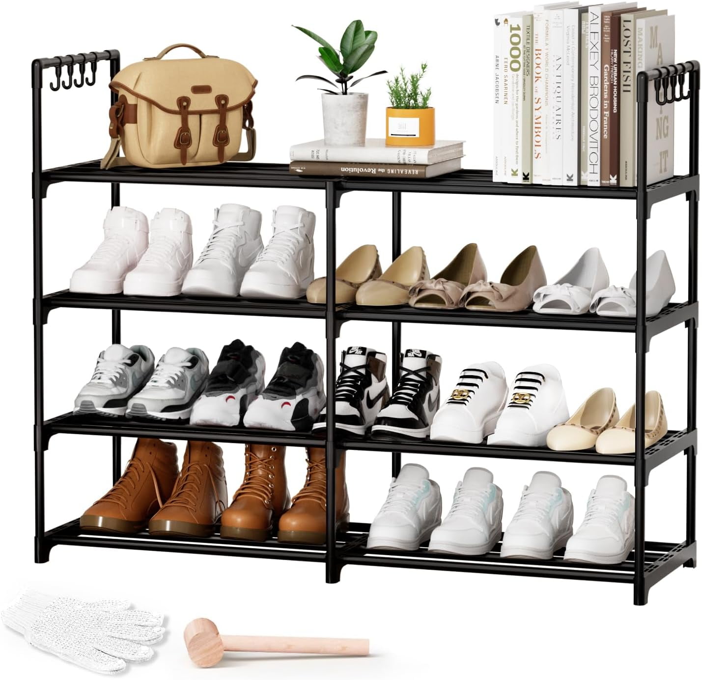 2 Rows 4 Tier Shoe Rack, Black Metal Stackable Shoe Shelf with ...